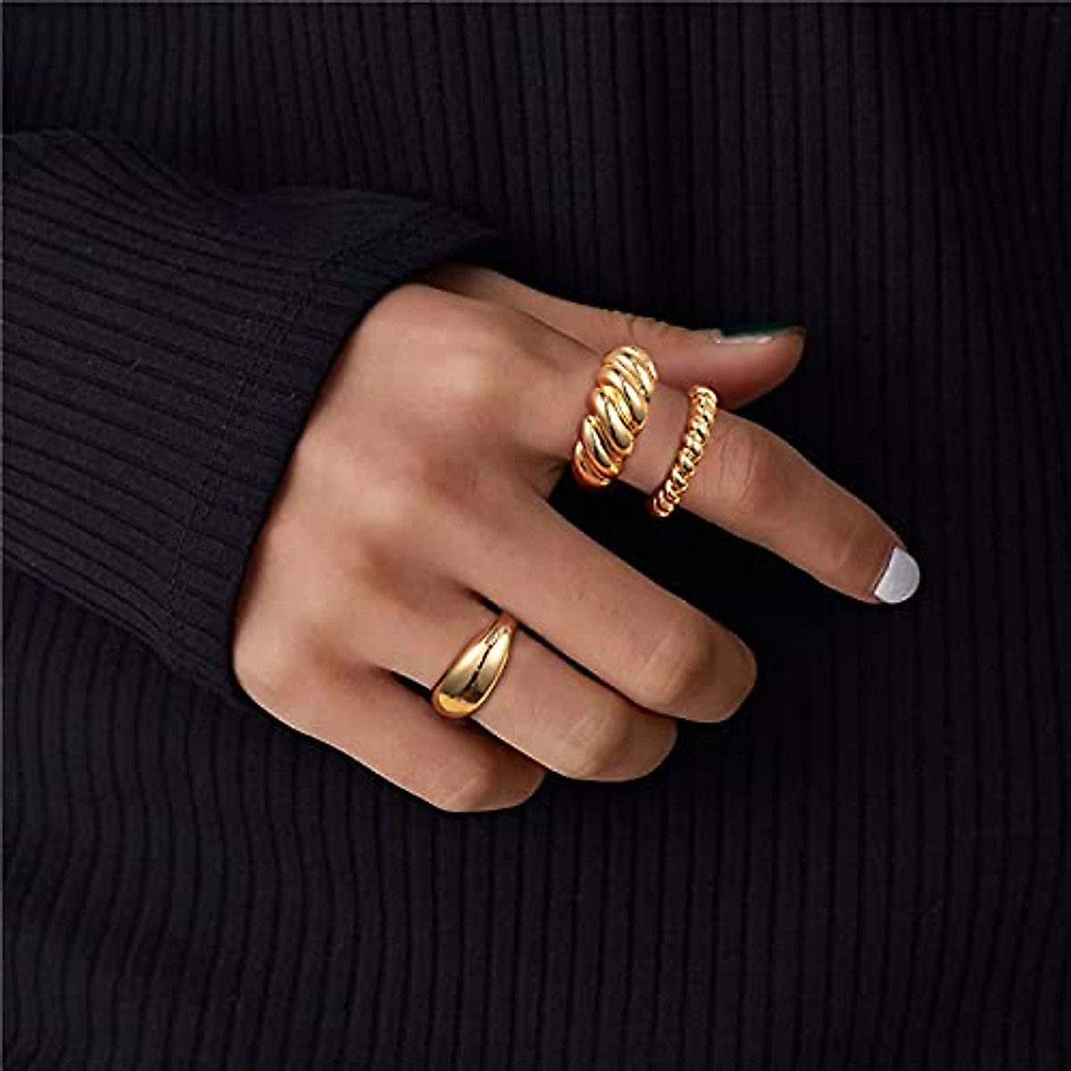 LANE WOODS Chunky Ring Set: 14k Gold Plated Croissant Braided Twisted Dome Ring Jewelry for Women Men
