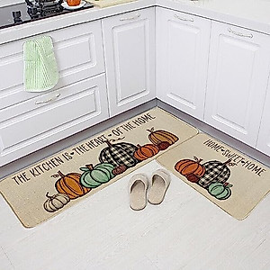 GEEORY Fall Kitchen Mats, Set of 2 Pumpkins Buffalo Plaid Check Floor Mat Farmhouse Party Seasonal Holiday Decorations 17x29 and 17x47 Inch (Black and White) GK067