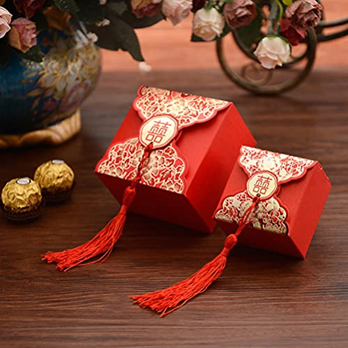 KESYOO 20pcs Wedding Party Favor Boxes Chinese Style Xi Candy Chocolate Gift Boxes with Tassels for Wedding Baby Shower Birthday Party (Red) L