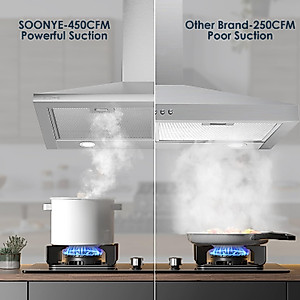SOONYE 450 CFM 30 inch Range Hood, Stainless Steel Wall Mount Vent Hood, Convertible to Ductless/Ducted with LED Lights, 3 Speed Exhaust Fan