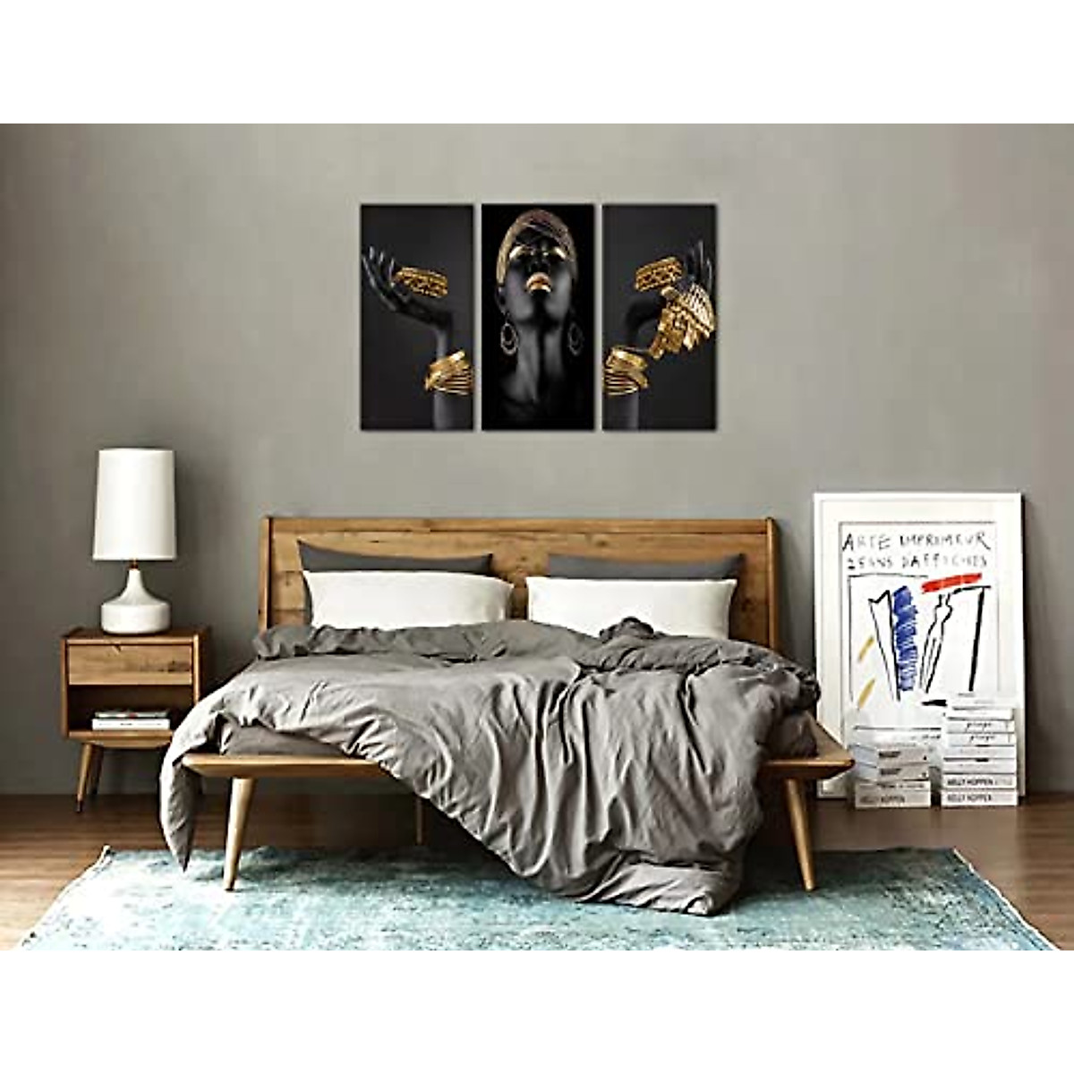 African Picture Wall Decor, Black Gold Wall Art Canvas Prints African Woman Paintings for Living Room Bedroom Bathroom Home Decor Framed (12''W x 24''H x3)