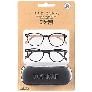 Rae Dunn "ELIZA Blue Light Blocking Reading Glasses - 2 Pack w/LOOK CLOSELY Signature Font Hard Case (Glossy Standard Tortoise/Glossy Jet Black, +0.0)