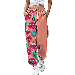 Straight Leg Sweatpants,Womens Sweatpants with Pockets Christmas Print Drawstring Workout Active Joggers Merry Christmas Print Wide Leg Pajama Pants Reindeer Print Hot Pink XL
