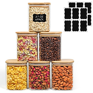 ComSaf 27 oz Glass Food Storage Jars Set of 6, Clear Storage Containers with Airtight Bamboo Lid, Pantry Organization Jar, Spice, Blooming Tea, Coffee and Sugar Container, Canister Set for Kitchen