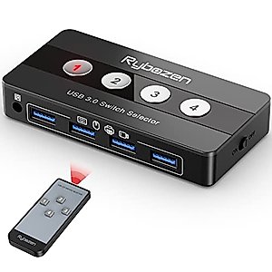 Rybozen USB 3.0 Switch 4 Ports for 4 PC 4 Inputs 4 Outputs USB Switch for Printer Keyboard Mouse Stick USB Hard Drive External Scanner, with Remote Control…