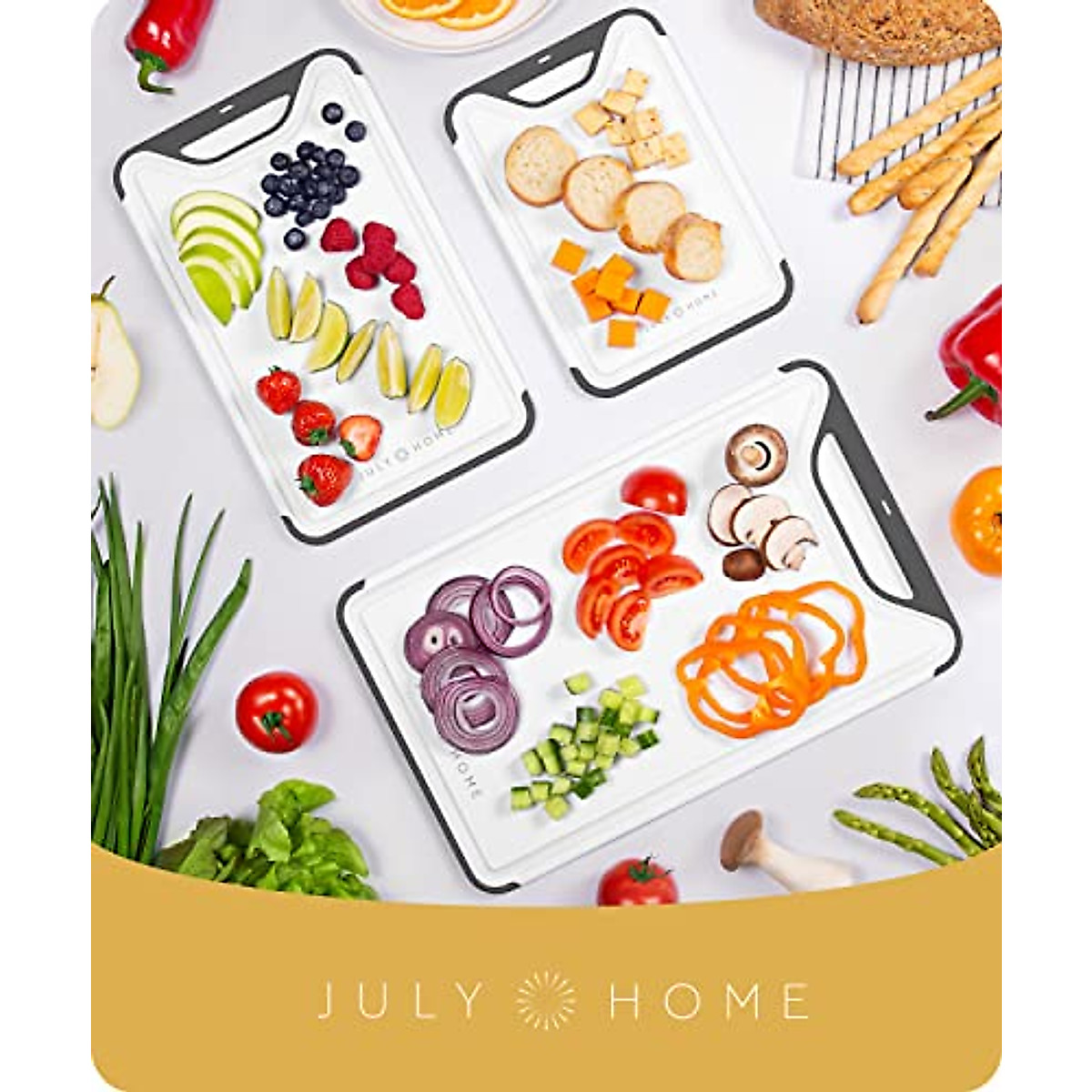 Cutting Boards for Kitchen - Plastic Cutting Board Set of 3, Dishwasher Safe Cutting Boards with Juice Grooves, Thick Chopping Boards for Meat, Veggies, Fruits, Easy Grip Handle, Non-Slip (Black)