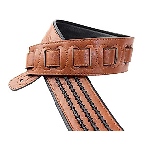 Walker & Williams G-556 London Tan Tooled Leather Strap with Leather Lacing For Acoustic, Electric, And Bass Guitars