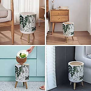 Small Trash Can with Lid for Bathroom Kitchen Office Diaper Floral seamless green black white split leaf Philodendron plant vines Bedroom Garbage Trash Bin Dog Proof Waste Basket Cute Decorative