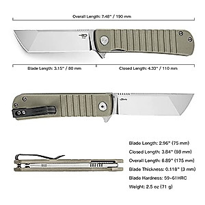 BESTECH KNIVES Tanto Folding Pocket Knife: 2.96" D2 Steel Stain Stonewashed Blade, G10 Handle, Flipper Liner Lock, Deep Carry Clip (BG49A-2 Beige)
