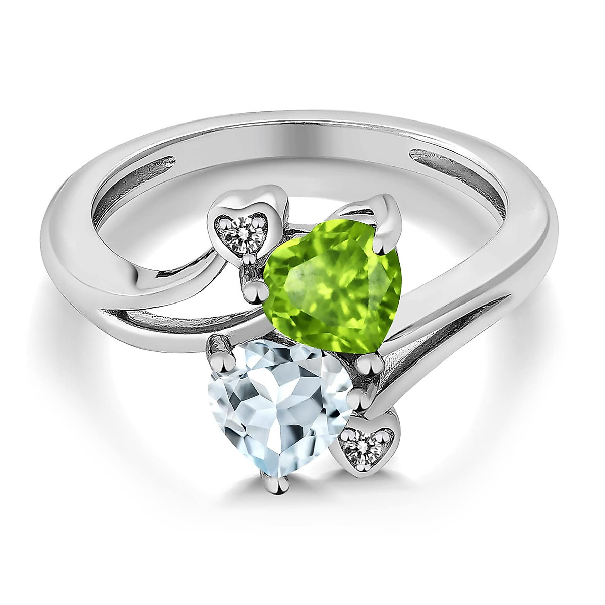 Gem Stone King 925 Sterling Silver Green Peridot Sky Blue Aquamarine and White Diamond Ring For Women (1.53 Cttw, Heart Shape 6MM, Gemstone August Birthstone, Available In Size 5, 6, 7, 8, 9)