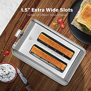 Simple Deluxe 1.5" Wide Slot 2-Slice Toaster, 5 Browning Setting and 3 Function, Retro Stainless-Steel Style, Removable Crumb Tray, Kitchen Essentials, for Bagel, Silver