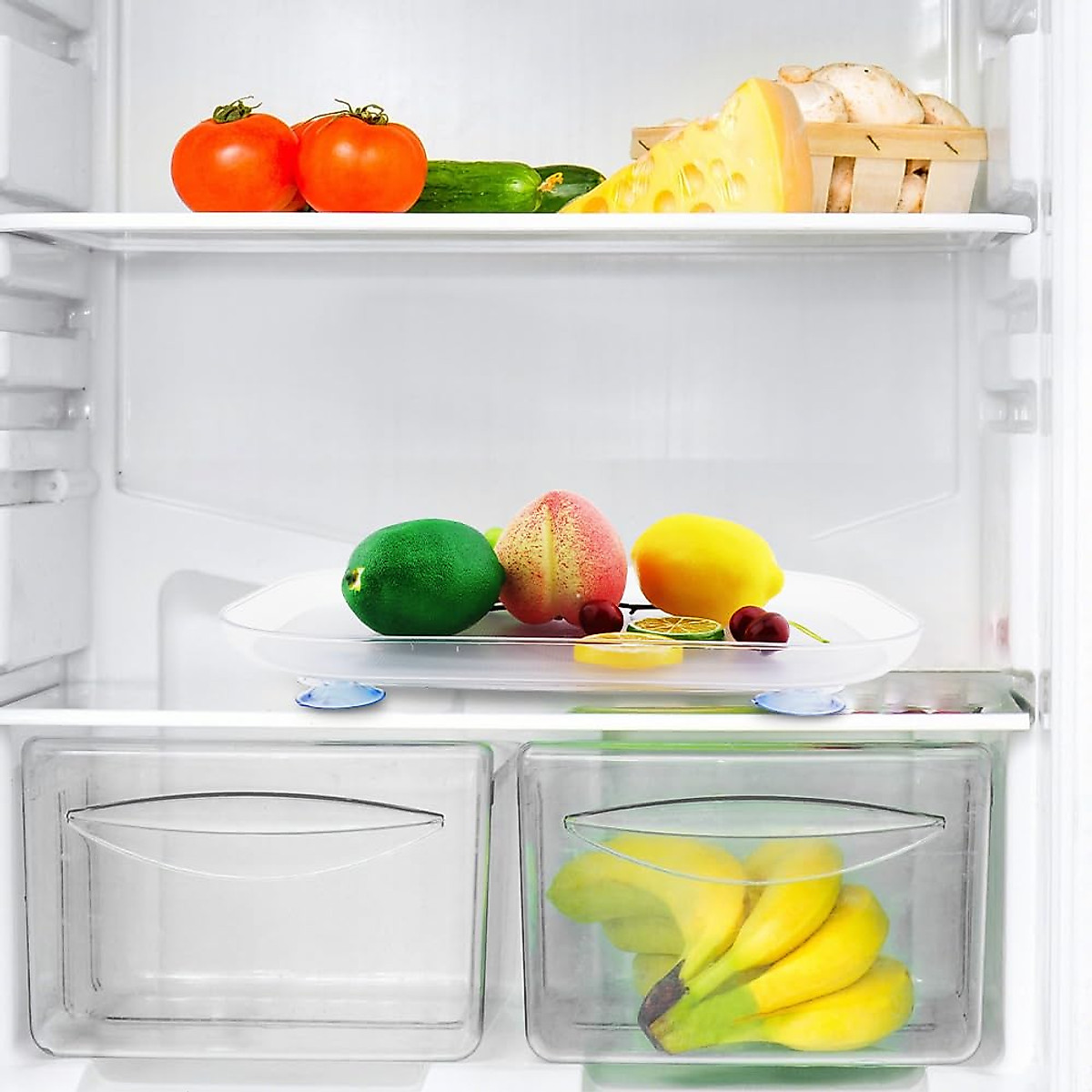 Fridge Lazy Susan Organizer, Fridge Organization, Clear Lazy Susan Turntable Rack with Fridge Hanging Mesh Bag and Suction Cup, Kitchen Cabinet Turntable Organizer