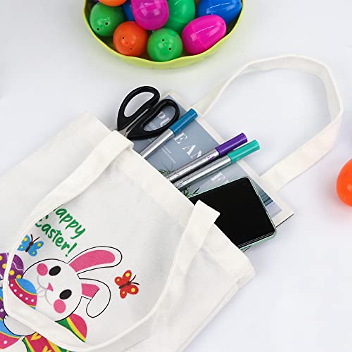 6 Pcs 13.4" X 14.2" Large Easter Tote Bags for Kids Canvas Easter Egg Hunt Bag Basket with Handle Reusable Easter Canvas Totes Spring Party Favor Supplies