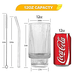 Aofmee Ribbed Drinking Glasses, Ribbed Glass Cups 12 oz, Ribbed Glassware Set of 4, Tall Glasses for Drinks Iced Tea Latte Smoothie Juice, Stackable Dinner Glass with Straw, Fluted Glassware
