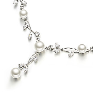 EVER FAITH CZ Crystal Cream Simulated Pearl Floral Vine Filigree Necklace Earrings Set Clear Silver-Tone