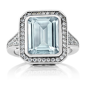 Gem Stone King 925 Sterling Silver Simulated Aquamarine Ring For Women | 5.00 Cttw | Emerald Cut 11X9MM | Available In Size 5, 6, 7, 8, 9