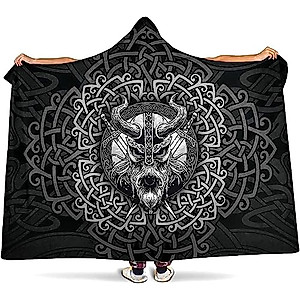 Medieval 3D Printed Hooded Blanket Warm Odin Celtic Knot Satanic Awe Helmet Unisex Winter Wearable Hooded Blanket Double Thick Plush Fleece Blanket Cape (Color : B, Size : 80x60in/150x200cm)