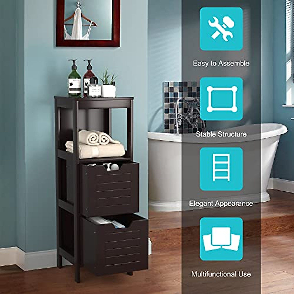 Tangkula Bathroom Floor Cabinet, Narrow Wood Storage Cabinet w/2 Switchable Drawers, Multifunctional Side Cabinet for Bathroom, Freestanding Small Cabinet for Small Spaces, 12 x 12 35 Inch (Espresso)