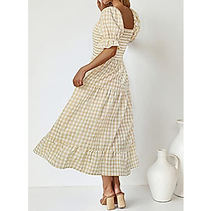MEROKEETY Women's Plaid Square Neck Ruffle Puff Sleeve Midi Dress Summer Boho Backless Smocked Dress, Beige, Medium