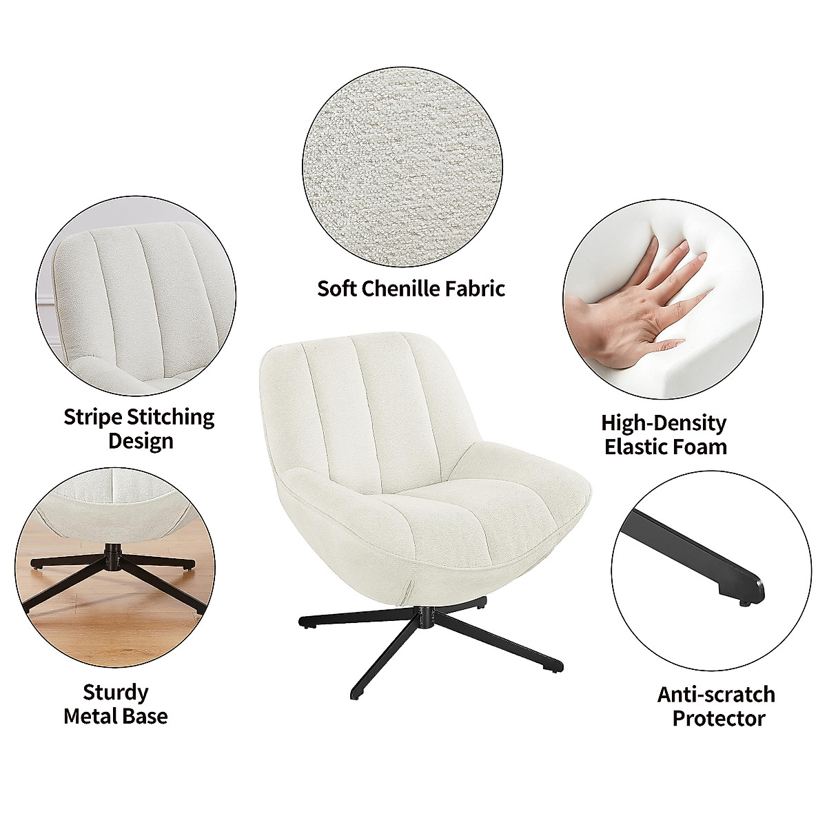 Art Leon Modern Swivel Accent Chair, Fabric upholstered Lounge Chair, Single Sofa Chair with Metal Legs, Comfy Reading Chair for Living Room Bedroom, Off White