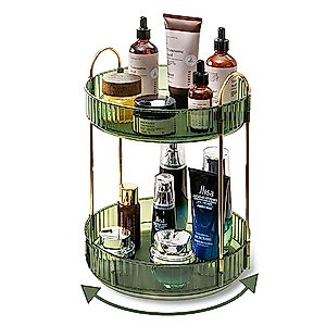 Asayuee 360 Rotating Makeup Organizer for Vanity,2 Tier Large Capacity Cosmetics Skincare Organizers,Bathroom Countertop Organizer Spinning Perfume Organizer,Dresser Vanity Organizer (Green-2 Tier)