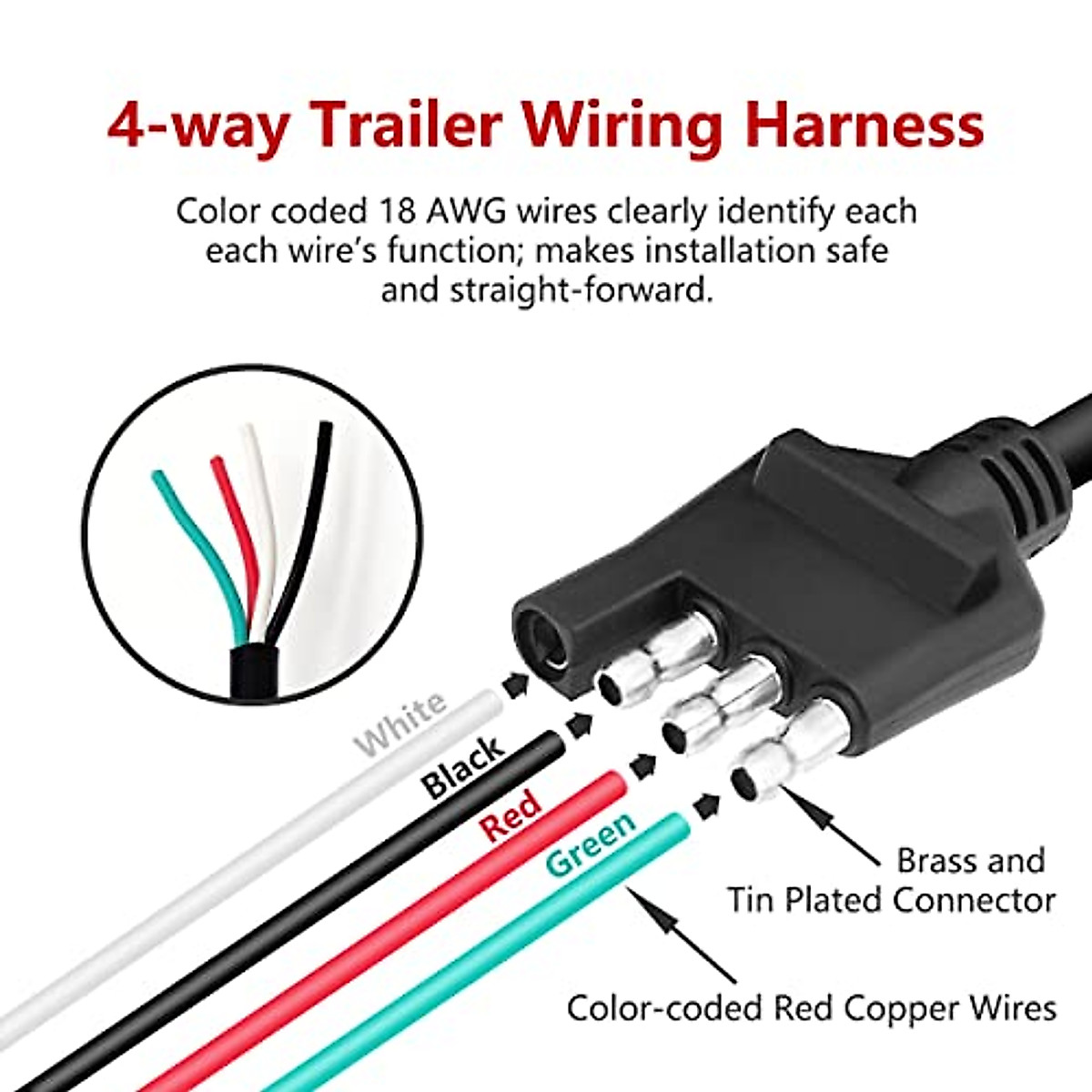 Zimuqi 4 Way 10 Feet Flat Trailer Connector Jacketed Cable Heavy Duty Extension Standard 4 Pin Trailer End Wiring Harness Adapter 18AWG Color-Coded Red Copper Wires Trailer Hitch Wiring (10Feet)