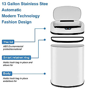 13 Gallon 50 Liter kitchen Trash Can with Touch-Free & Motion Sensor, Automatic Stainless-Steel Garbage Can, Anti-fingerprint Mute Designed Trash Bin Touchless Trash Can for Office Bedroom, White