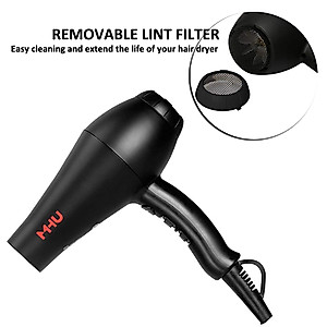 MHU Professional Salon Grade 1875w Low Noise Ionic Ceramic Ac Infrared Heat Hair Dryer Plus One Concentrator and One Diffuser Black Color