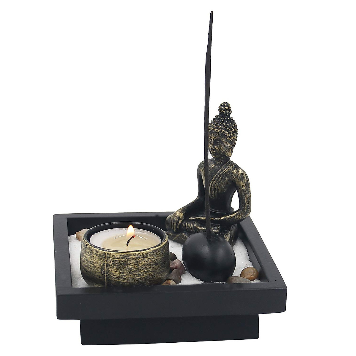 DharmaObjects Mini Zen Garden Buddha Statue Candle and Incense Holder Complete Set Home Décor Gift