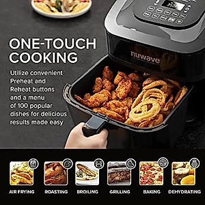 Nuwave Brio 8-Qt Air Fryer, Powerful 1800W, Easy-to-Read Cool White Display, 50°-400°F Temp Controls, 100 Pre-Programmed Presets & 50 Memory Slots, Integrated Smart Thermometer, Linear T Technology