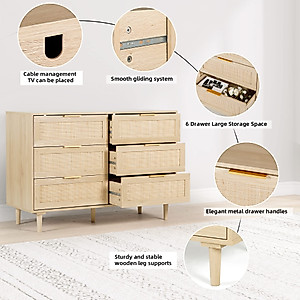 FUQARHY 6 Drawer Dresser Rattan Dresser Modern Chest with Drawers,Wood Storage Closet Dressers Chest of Drawers for Bedroom,Living Room,Hallway (Natural)