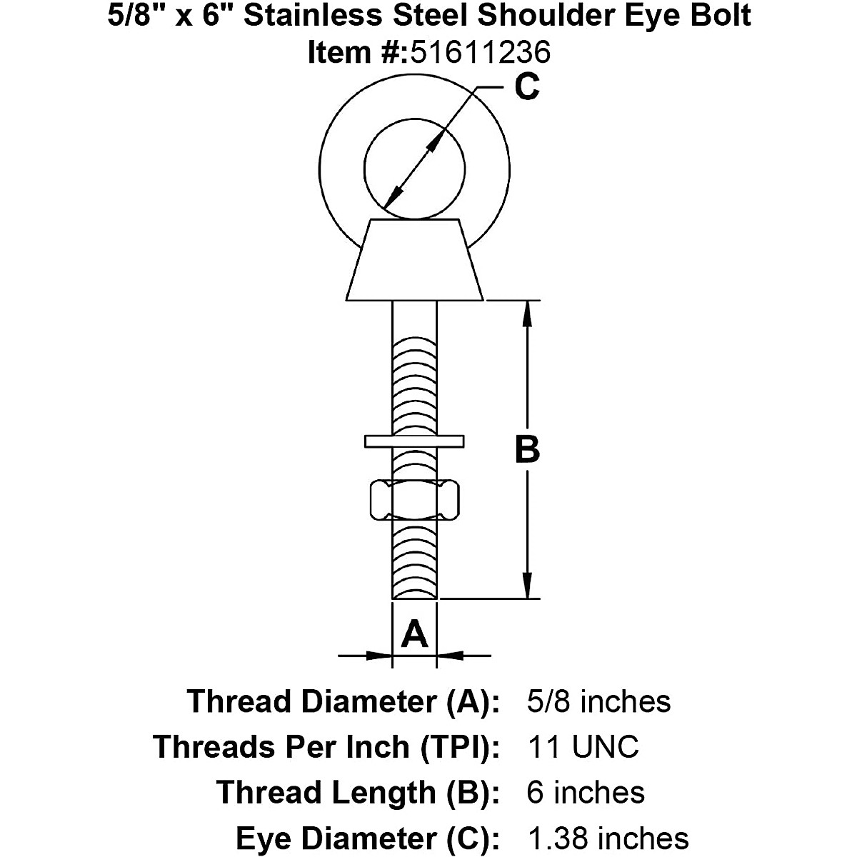 E-Rigging 5/8" x 6" Stainless Steel Shoulder Eye Bolt, Threaded Lifting Ring, Marine Grade, Type 316 Stainless Steel Eye Hook for Railings, Outdoor Lighting, DIY Projects, Docks and Boats