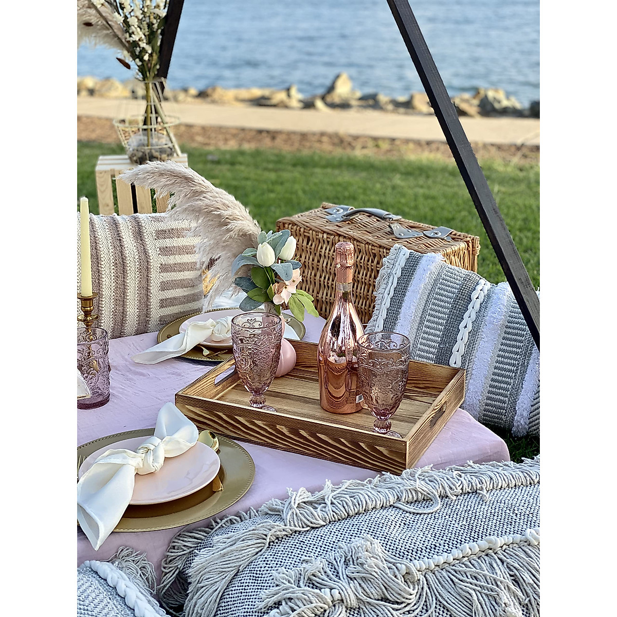 Wood Serving Tray with Handles Rectangular Wooden Coffee Table Breakfast Large Tray for Eating, Bedroom, Kitchen, Living Room - 17x13 inches