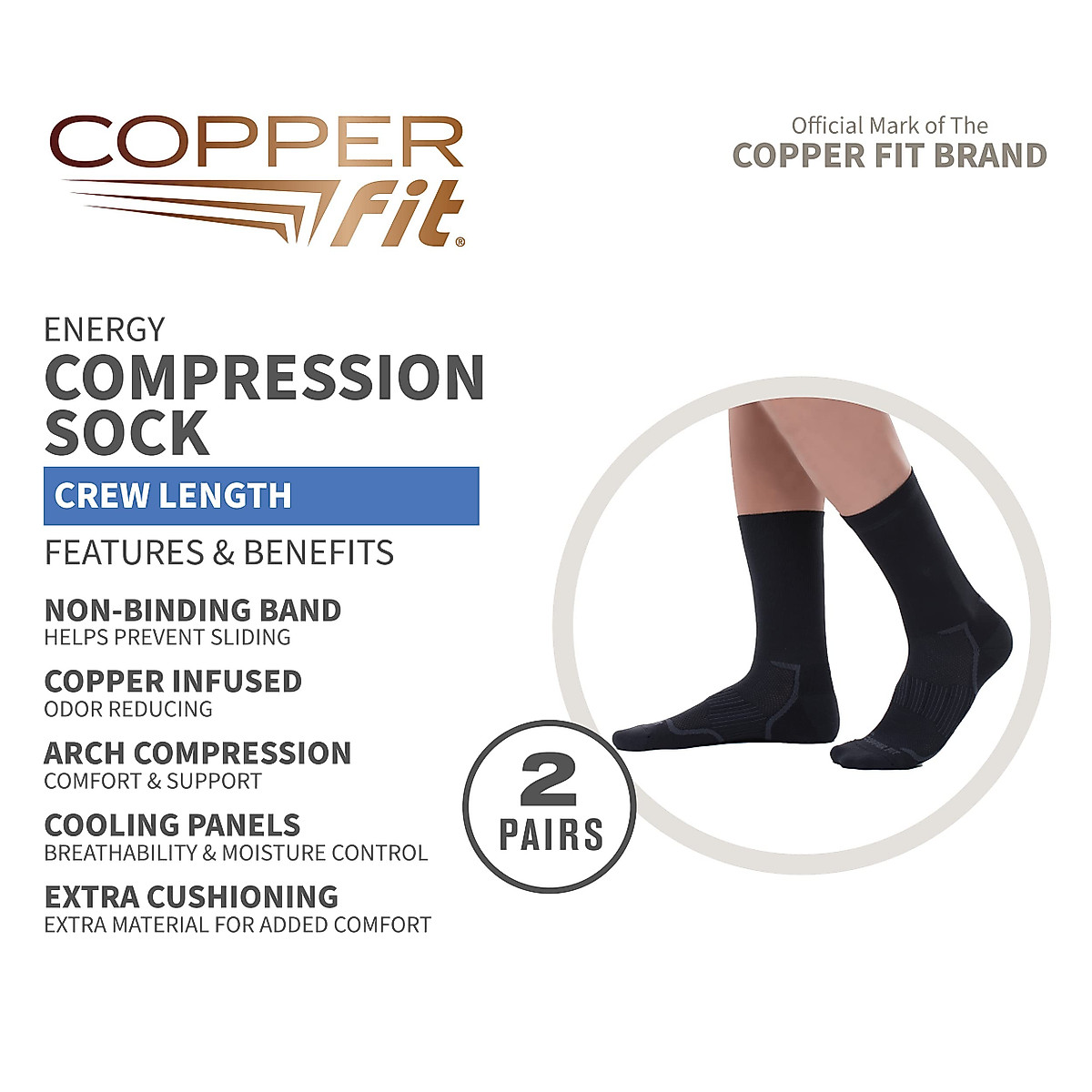 Copper Fit womens Crew Length Compression Socks, Black, Large-X-Large US