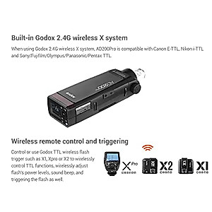 GODOX AD200 Pro AD200Pro w/XProII-S Trigger for Sony Cameras, TTL Flash 200Ws 2.4G Flash Strobe, 1/8000 HSS, 500 Full Power Flashes, 0.01-1.8s Recycling, 2900mAh Battery Pocket Flash Monolight