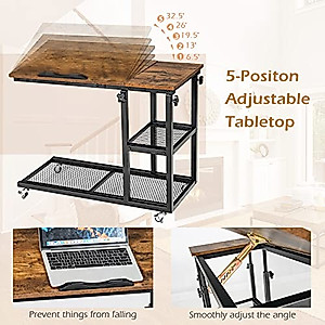 Tangkula Height Adjustable C Shaped End Table with Lockable Wheels, Mobile Couch Desk Table with Tiltable Table Top, Sofa Bedside Laptop Stand TV Tray with Storage Shelves, Snack Side Table