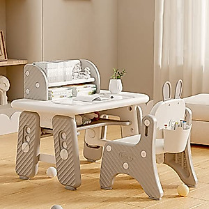 Kids Functional Desk and Chair Set with Storage Space,Adjustable Height, Ergonomic,Easy to Wipe Graffiti Table and Chairs for Children Reading,Drawing,Eating,Studying,Parent-Child Interaction