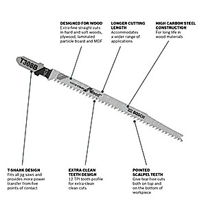 BOSCH T308B 5-Piece 4-1/2 In. 12 TPI Extra Clean for Wood T-Shank Jig Saw Blades