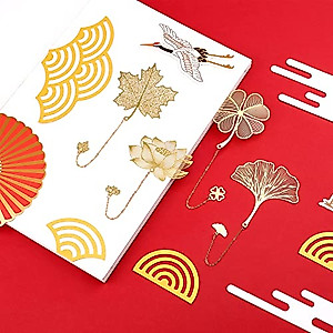 SAVITA 4 Pcs Metal Bookmarks with Chain, Hollow Leaf Bookmark with Lotus Ginkgo Maple Four-Leaf Clover Patterns, Flower Bookmarks for Book Lovers (Golden,4 Styles)