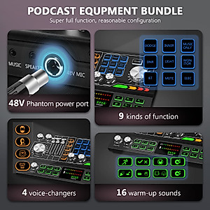 Podcast Equipment Bundle, Audio Interface DJ Mixer Podcast Microphone 48V Phantom Power Supply for Streaming Recording,Tiktok,Black
