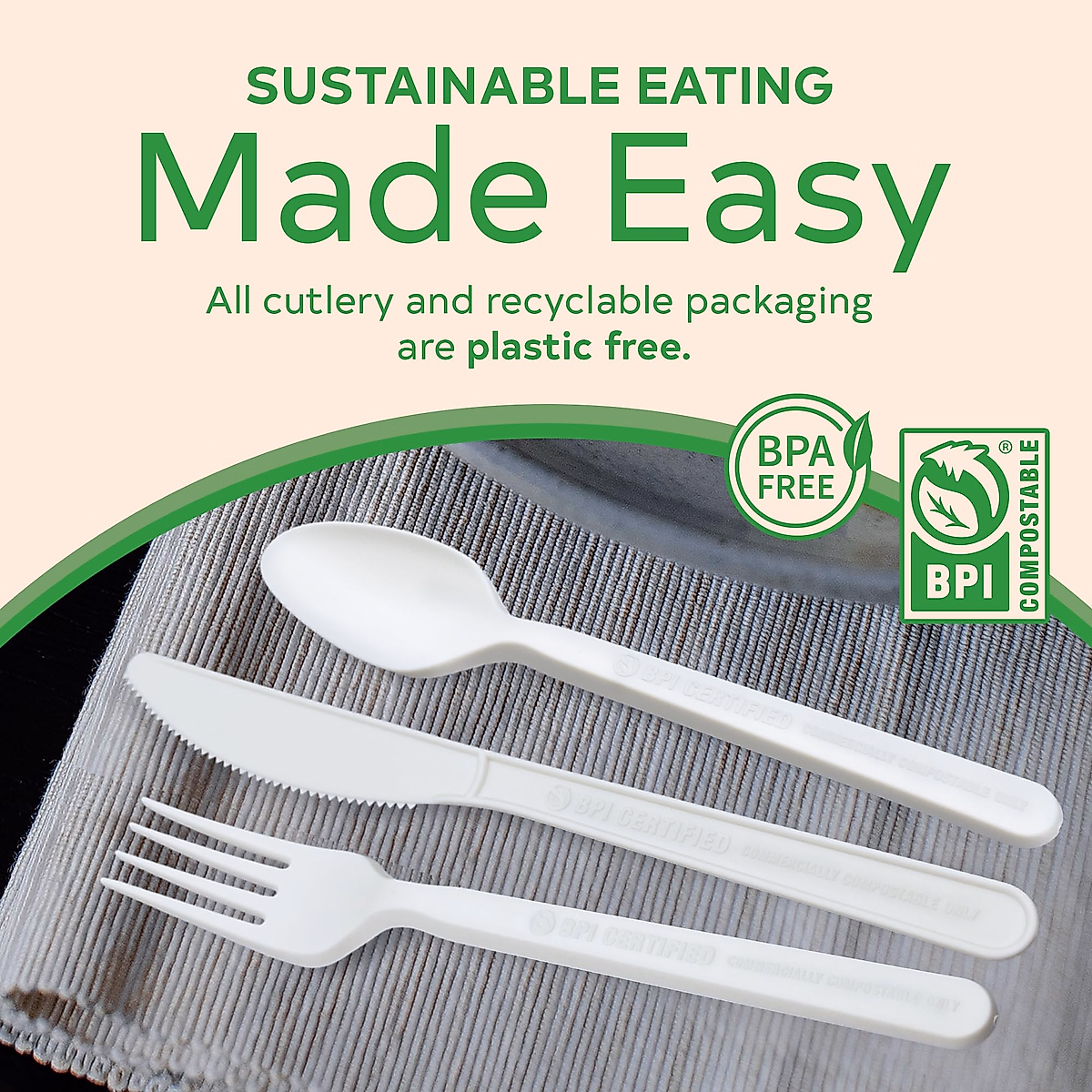 Treeatery - Compostable Cutlery Set, Plant-Based Compostable Utensils Disposable, Dishwasher-Safe Compostable Silverware, 380-Piece Disposable Cutlery, Plant a Tree with Every Box, Ivory White