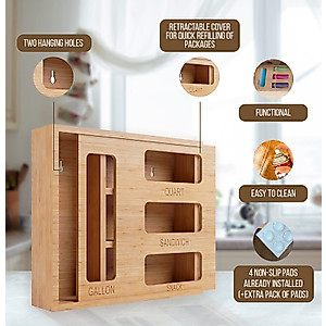 Bamboo Ziplock Bag Storage Organizer Baggie Holder for Drawer and Wall Kitchen Compatible with Solimo, Ziploc, Hefty, Glad for Gallon, Quart, Sandwich, Snack and Slider Bags by brand Huge Estate