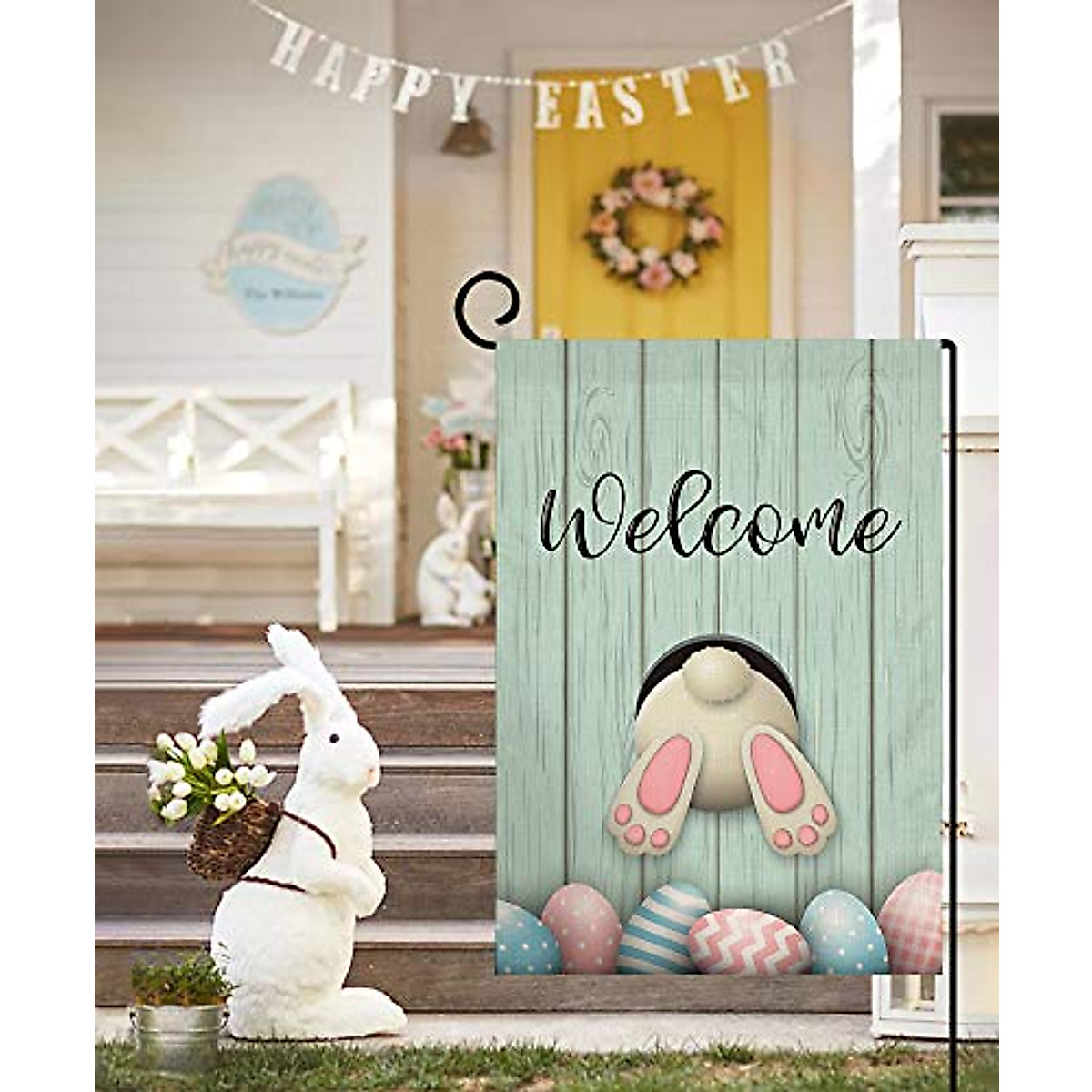 Welcome Spring Easter Bunny Small Garden Flag Egg Vertical Double Sided Burlap Yard Outdoor Decor 12.5 x 18 Inches (126019)