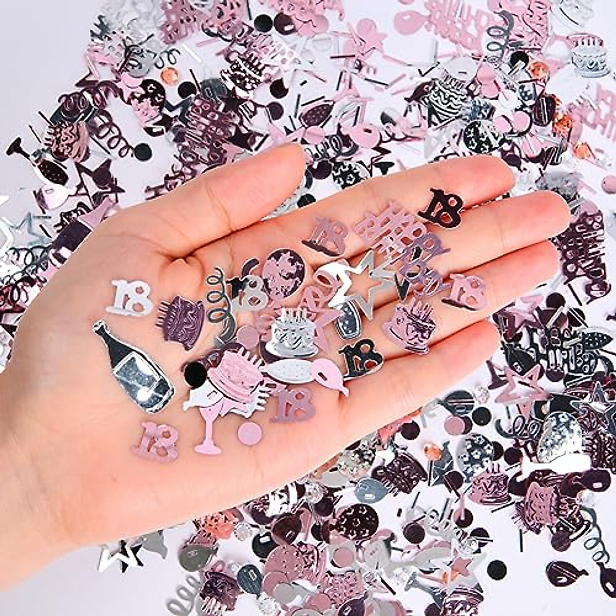 OSDUE 3000 Pieces Pink Gold Silver Happy Birthday Confetti, 18 Years Birthday Cake Confetti, Metallic Foil Balloon Confetti, Table Scatter Confetti Decoration Supplies, for Birthday Party (18th Style)