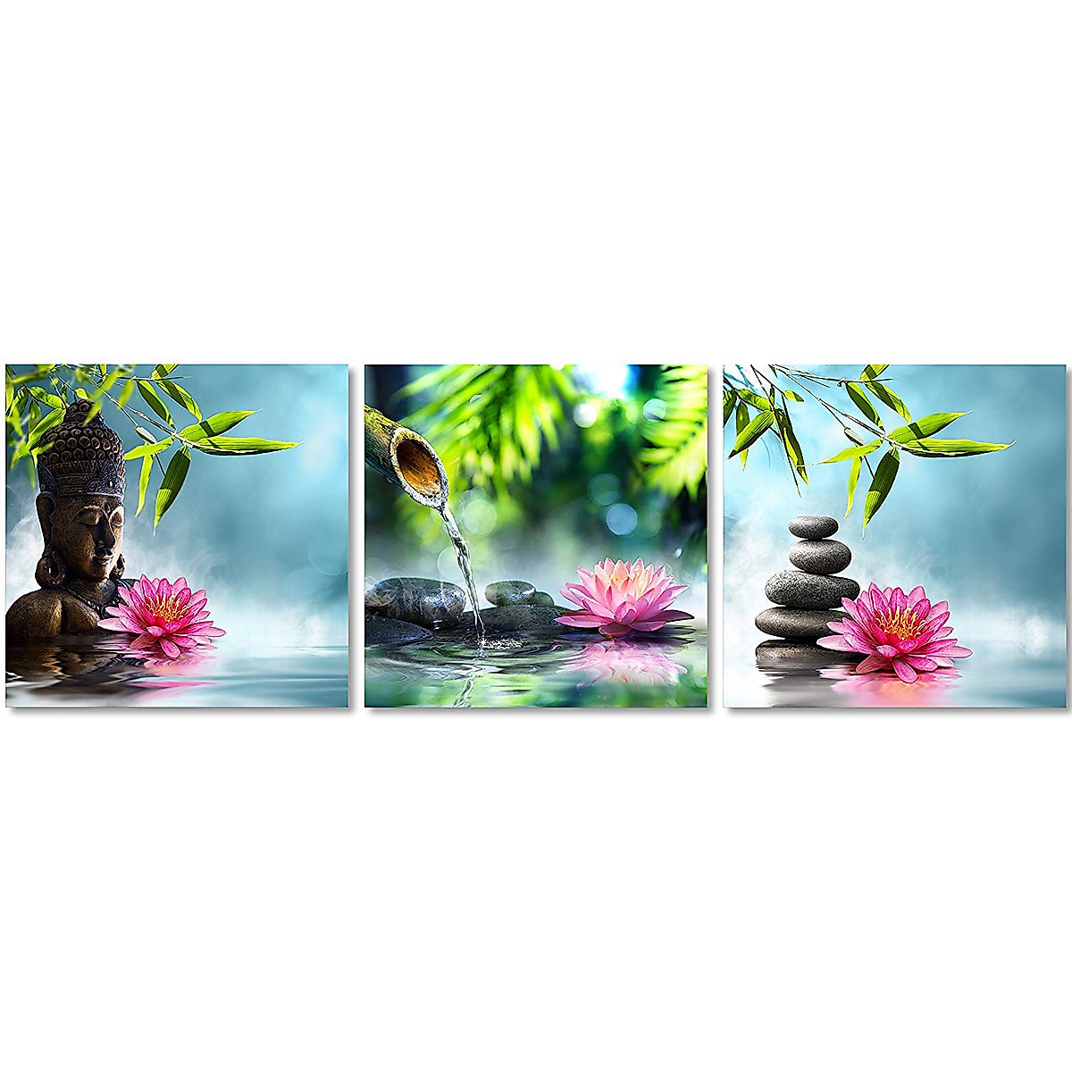 TutuBeer Zen Canvas Prints 3 Panel Spa Wall Decor Spa Stone Green Bamboo Pink Waterlily Zen Buddha Pictures Canvas Painting Print for Home Office and Kitchen Stretched and Framed Each Panel 12x12inch
