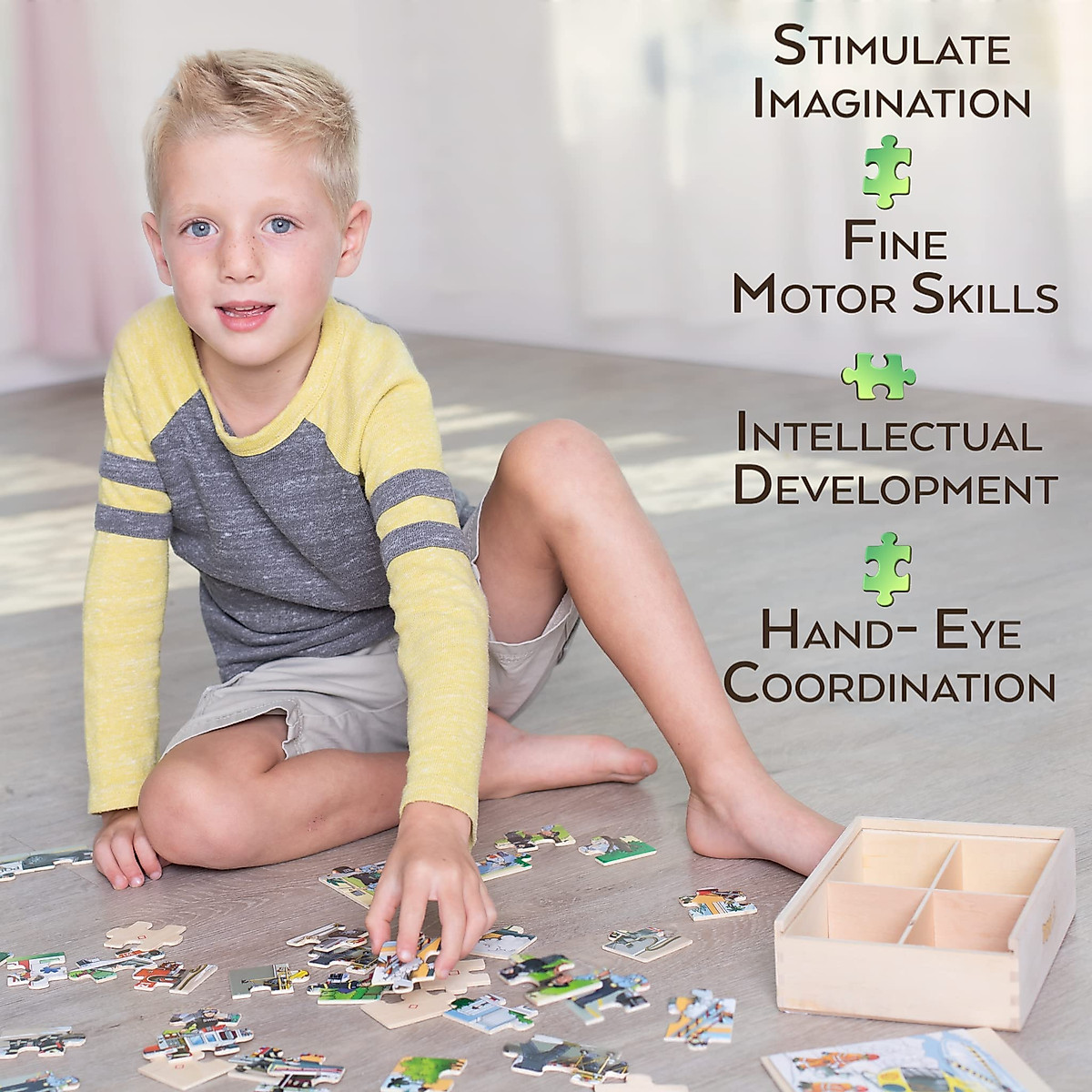 TOYLI 4-in-1 Wooden Puzzles for Boys 48 PCs Puzzles for Kids Ages 4-6 Great Gift for Boys,Car Puzzles for Kids Ages 4-8, Wood Puzzles for Kids Ages 3-5 Jigsaw Puzzle Box, Summer Activity Outside