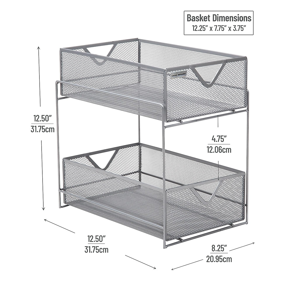 Mind Reader Network Collection, 2-Tier Sliding Basket Storage Kitchen, Desk, Makeup, Cabinet Organizer, Metal Mesh, Set of 2, 2-Pack, Silver
