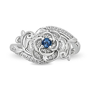 Jewelili Enchanted Disney Fine Jewelry Sterling Silver with 1/6 CTTW Diamond and London Blue Topaz Cinderella 70th Anniversary Gardenia Flower Ring Size 6