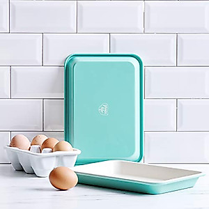 GreenLife Healthy Ceramic Nonstick, 9" x 7" Toaster Oven Cookie Sheet Baking Pan Set, PFAS-Free, Turquoise