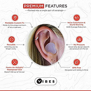 Silicone Ear Plugs - 6 Pairs Vibes Reusable Earplugs For Sleep, Custom Waterproof Moldable Gel, 32 dB Best Sound Blocking Earplug, Noise Reduction in Sleeping, Travel, Swimming, Studying, Construction